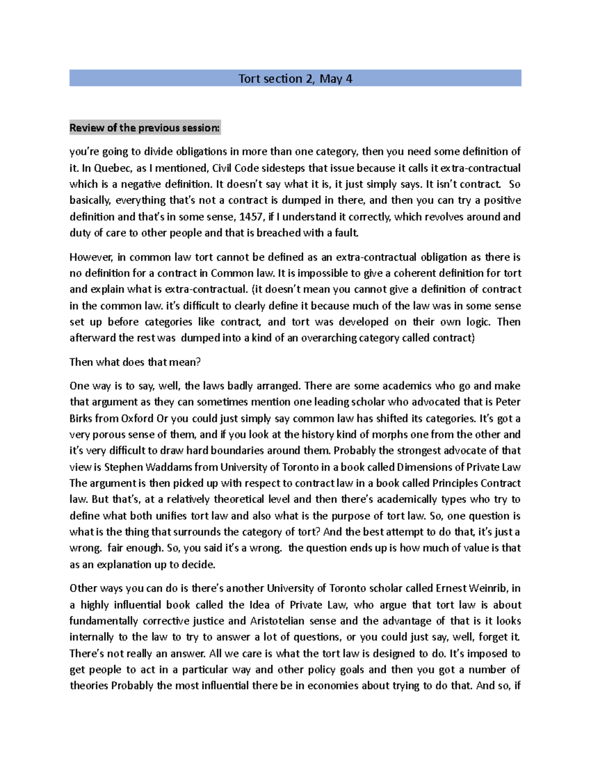 TK-Tort Lecture Notes - Extra-Contractual Obligations Explored - Studocu