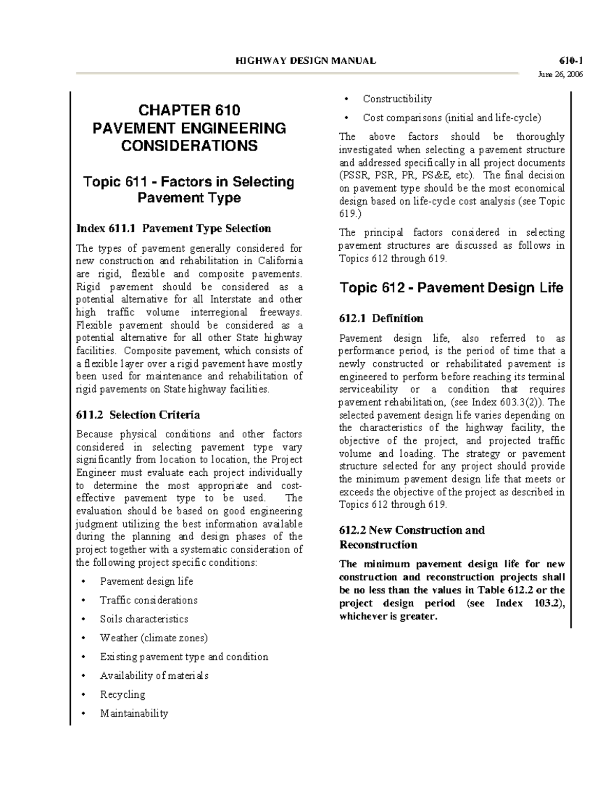 610 Pavement Engineering Considerations: Selection Factors and ...