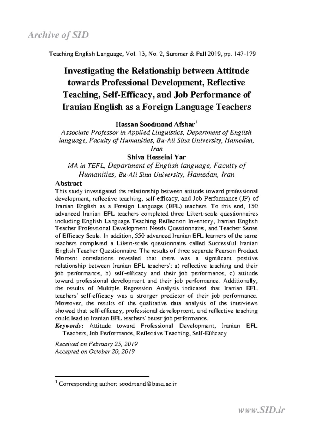 Investigating Attitudes, Reflective Teaching, and Job Performance of ...