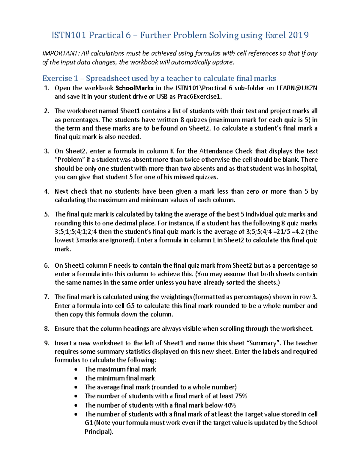 ISTN101 Practical 6 Excel 2019 - ISTN101 Practical 6 – Further Problem ...