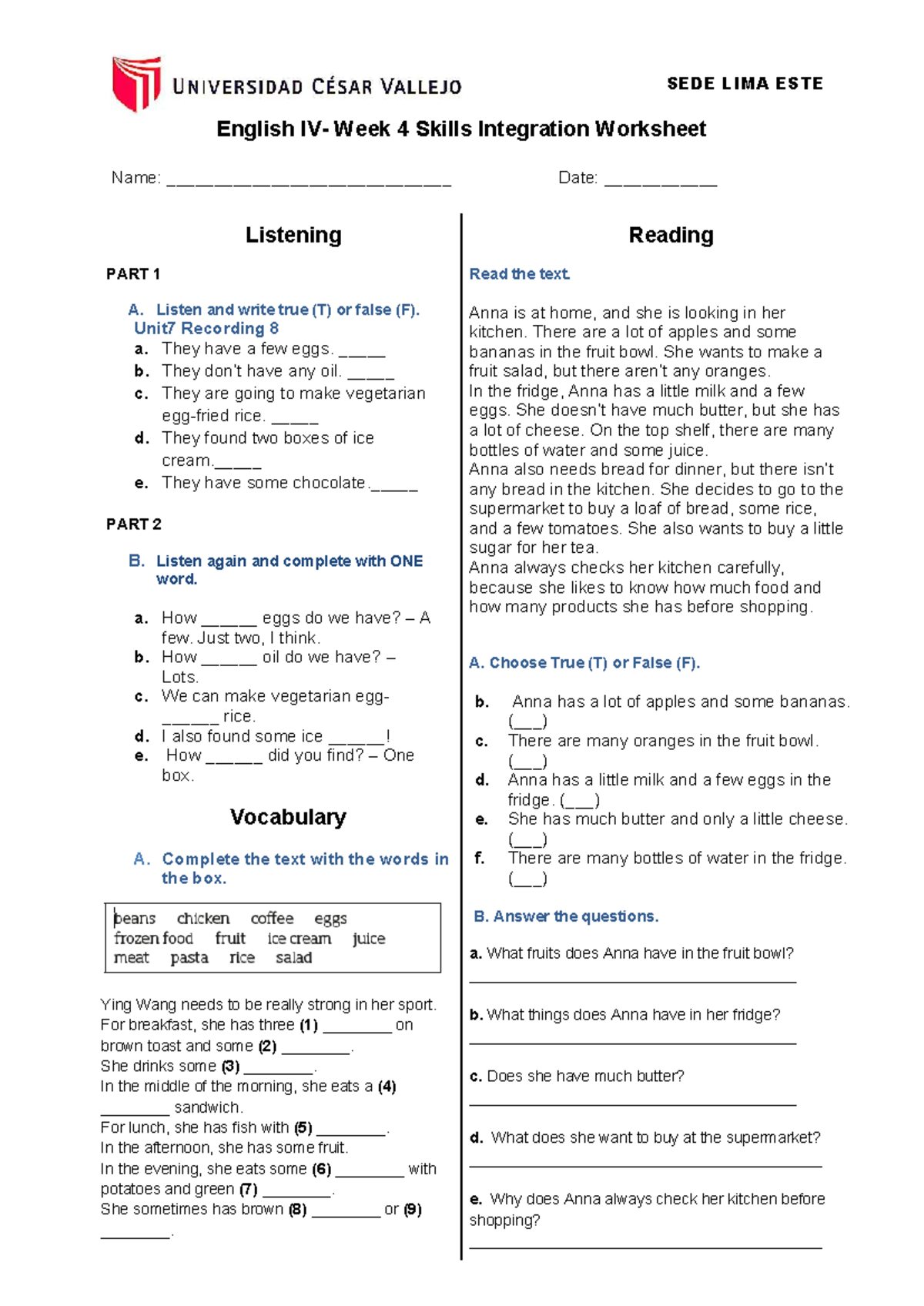 English IV - Week 4 Skills Integration Worksheet - Studocu