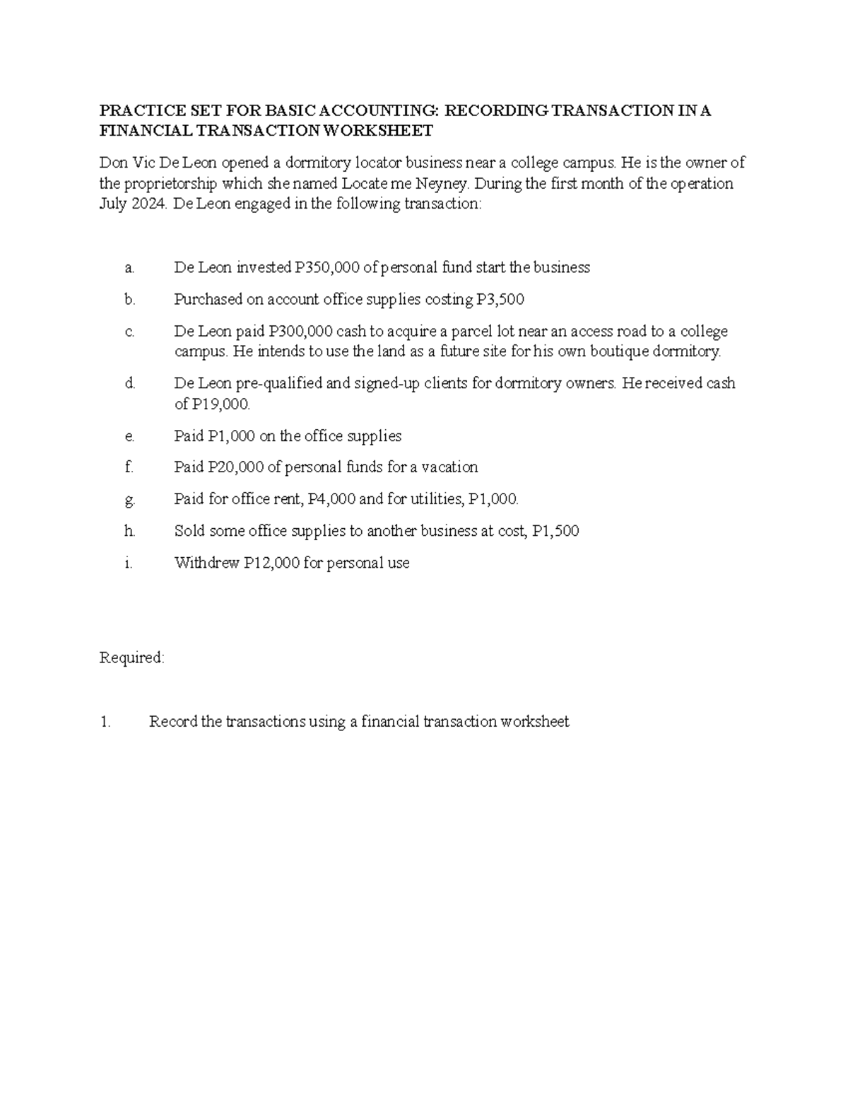PRACTICE SET: BASIC ACCOUNTING TRANSACTIONS WORKSHEET - Studocu