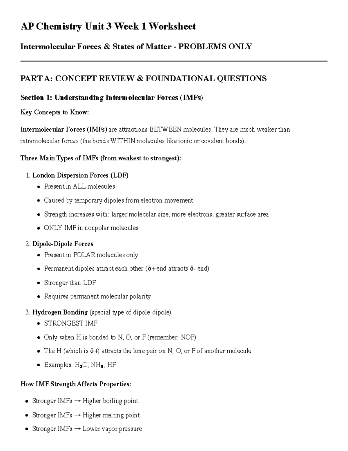 AP Chemistry Unit 3 Week 1 Worksheet: Intermolecular Forces & States of ...