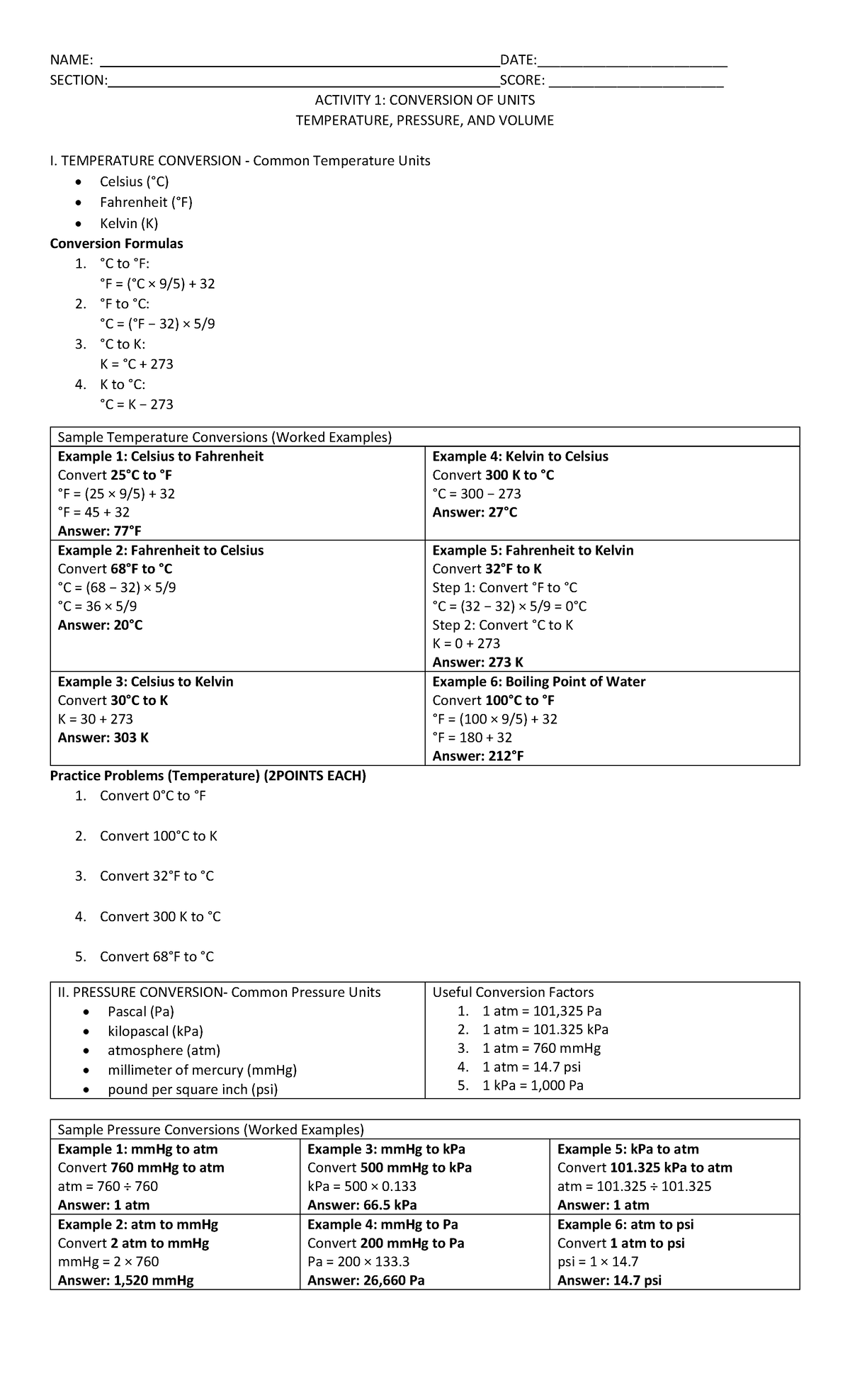 ACTIVITY 1: CONVERSION OF UNITS - TEMPERATURE, PRESSURE, VOLUME - Studocu