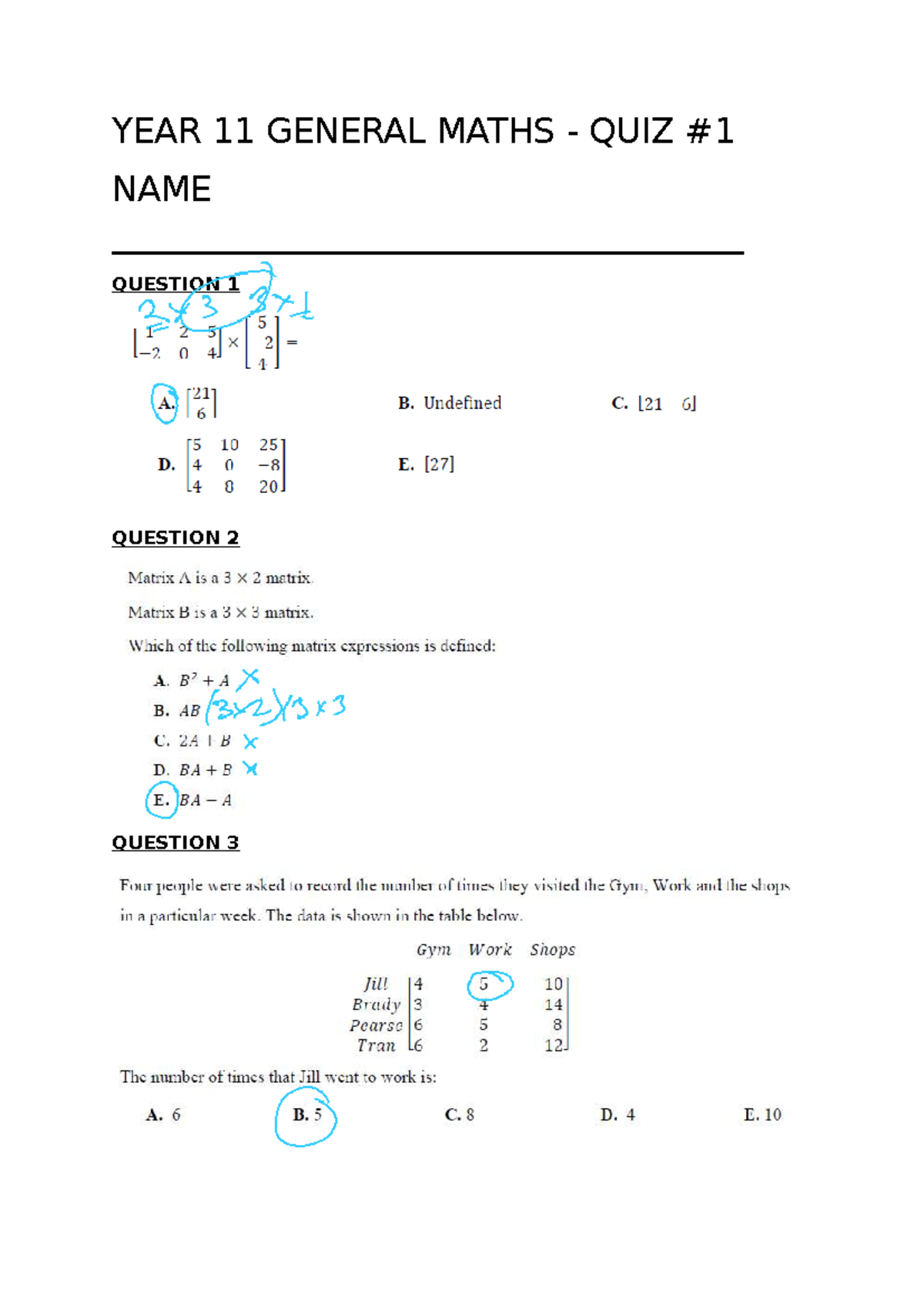 Quiz number 1 solutions - YEAR 11 GENERAL MATHS - QUIZ NAME