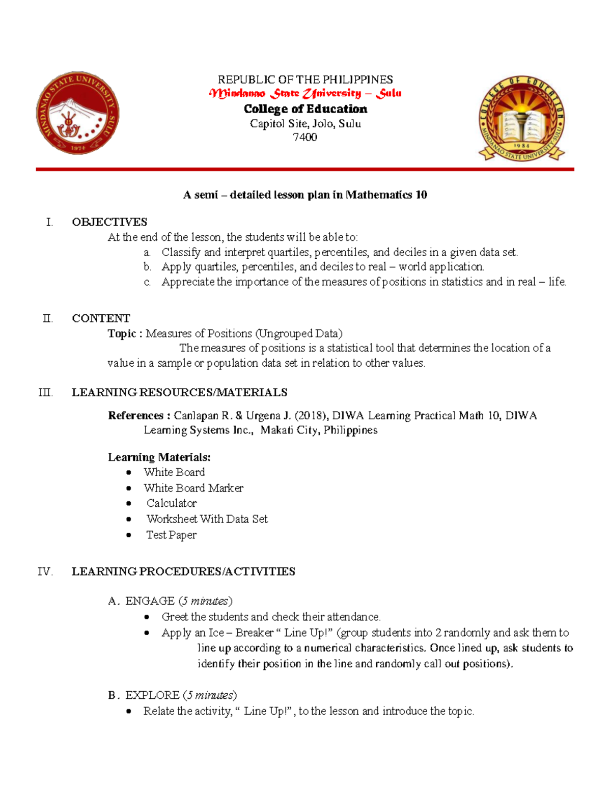 Mathematics 10 Lesson Plan: Measures of Positions (Quartiles, Percentiles, - Studocu