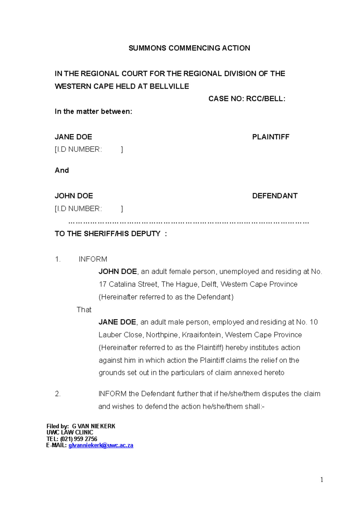 Summons for Action in the Regional Court - Case No: Bellville - Studocu
