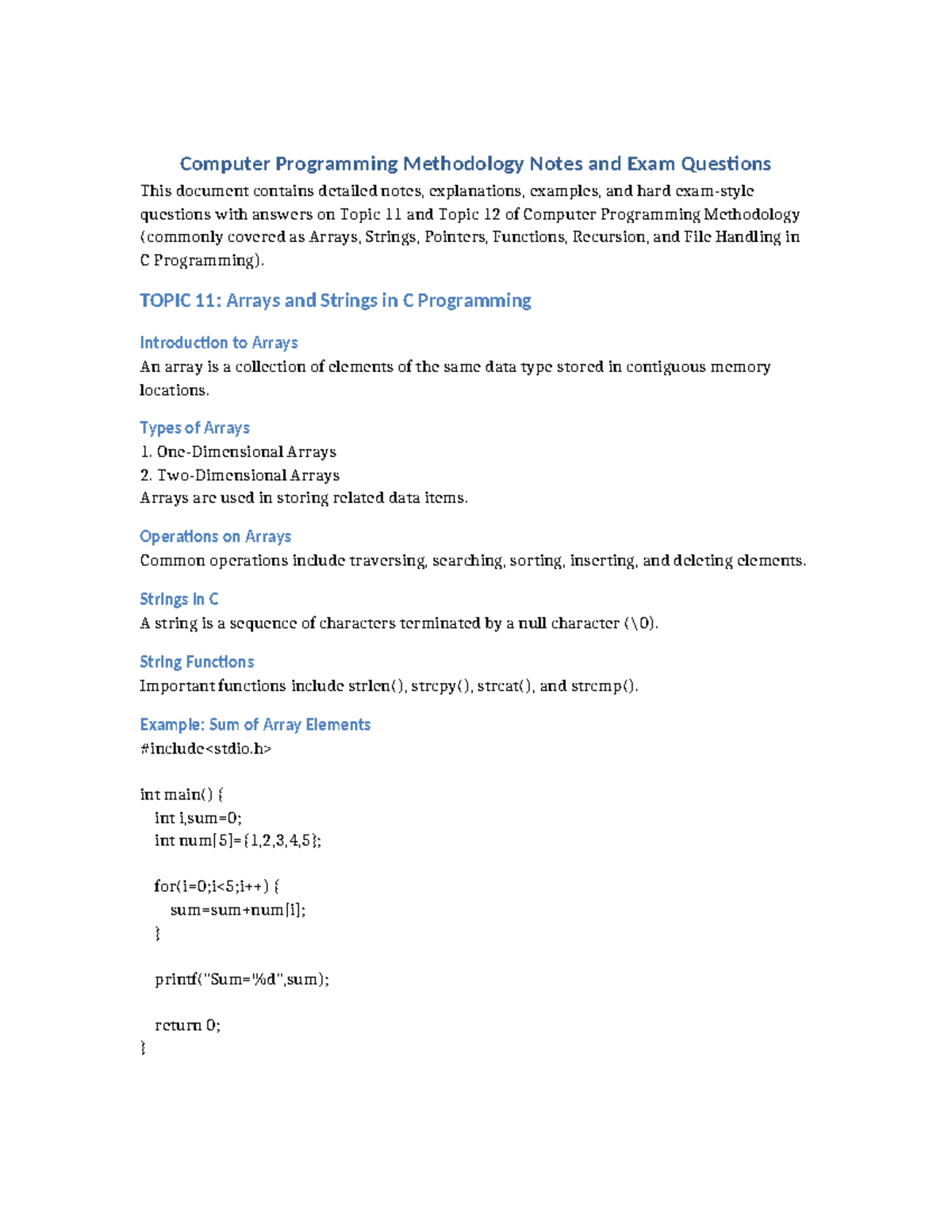 Computer Programming Methodology Notes: Arrays, Pointers & Exam Qs ...