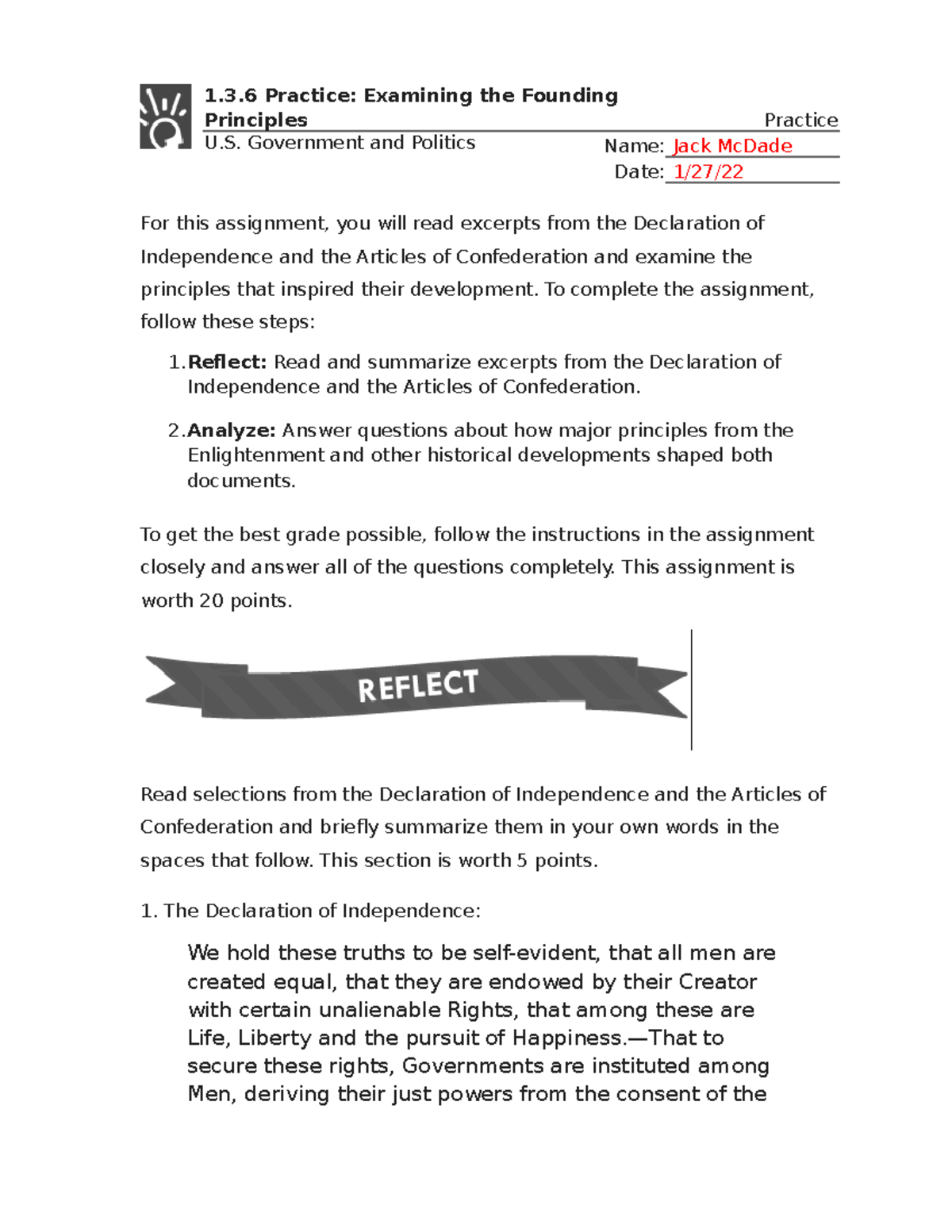 1.3.6 Practice - Analyzing Founding Principles in U.S. Docs - Studocu