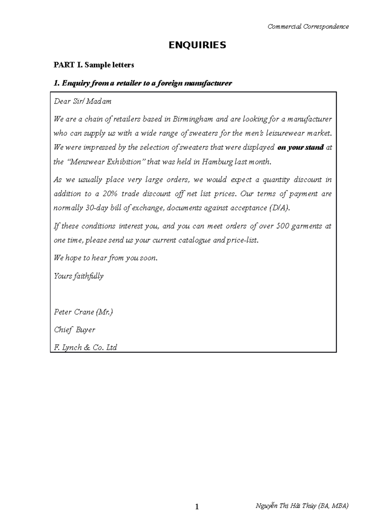 Business Enquiries: Sample Letters and Correspondence Practice - Studocu