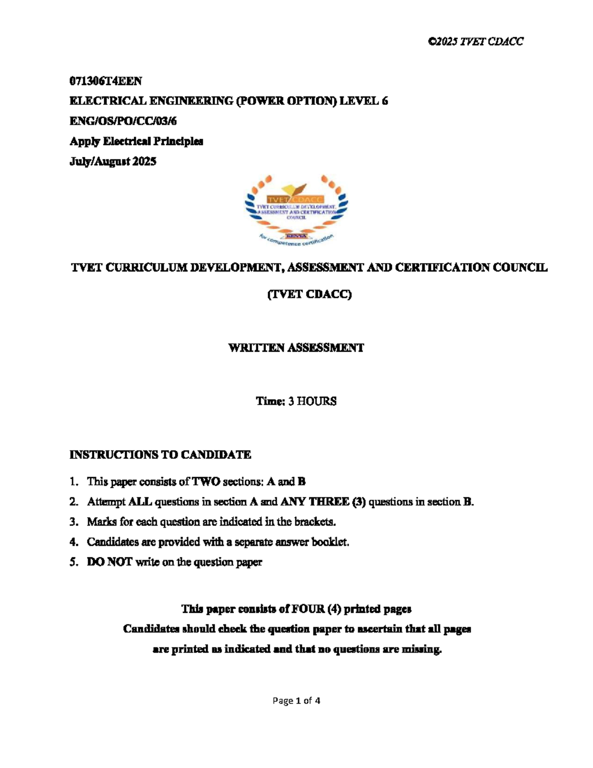 TVET CDACC 071306T4EEN Level 6 Electrical Engineering Exam Notes - Studocu