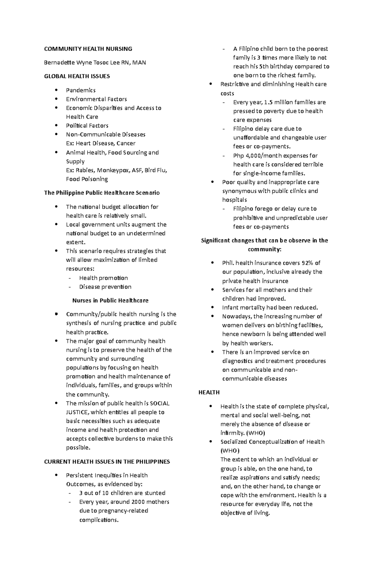 Lecture 1 - Overview of Community Health Nursing Issues in CHN - Studocu