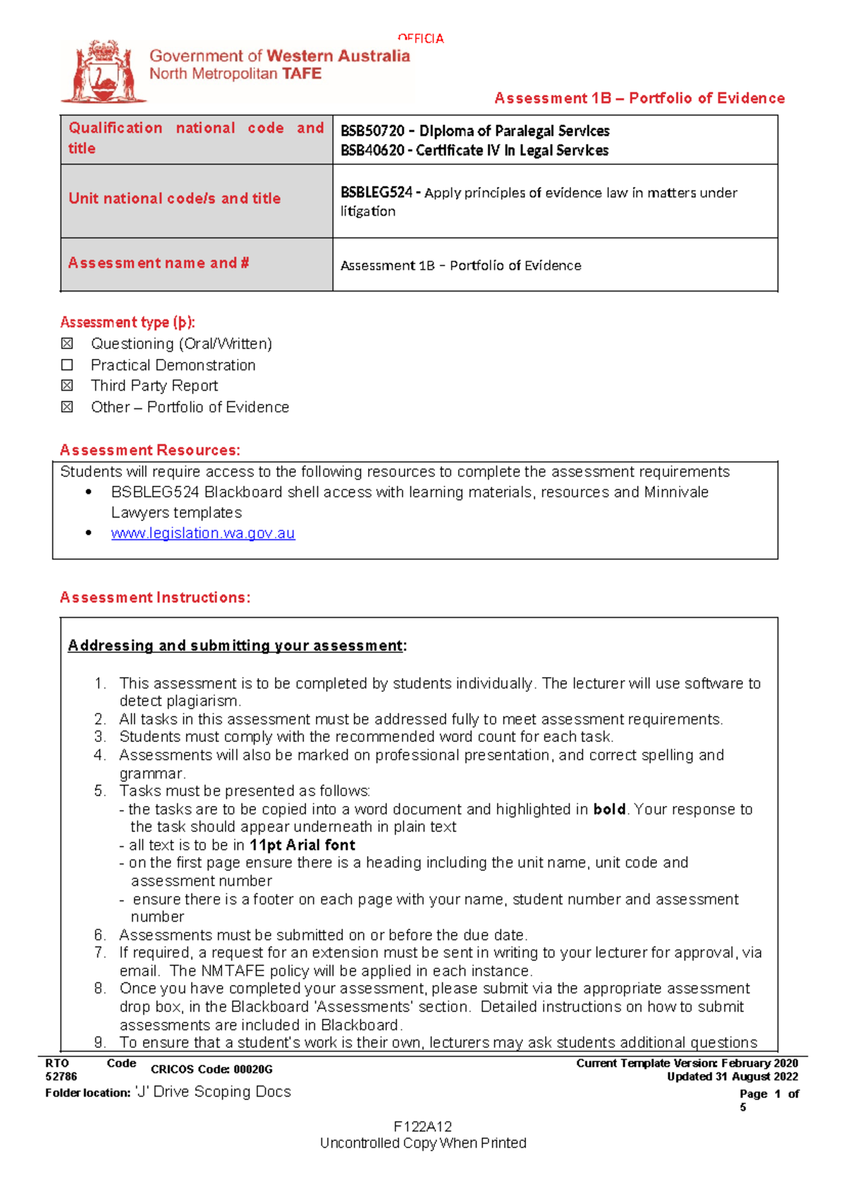 BSBLEG 524 Assessment 1B - Portfolio of Evidence on Evidence Law ...