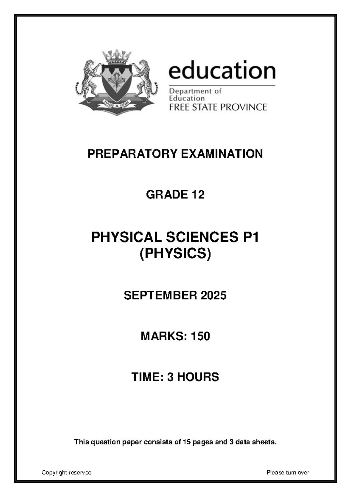 Physical Sciences P1 Grade 12 Prep Exam September 2025 Question Paper - Studocu