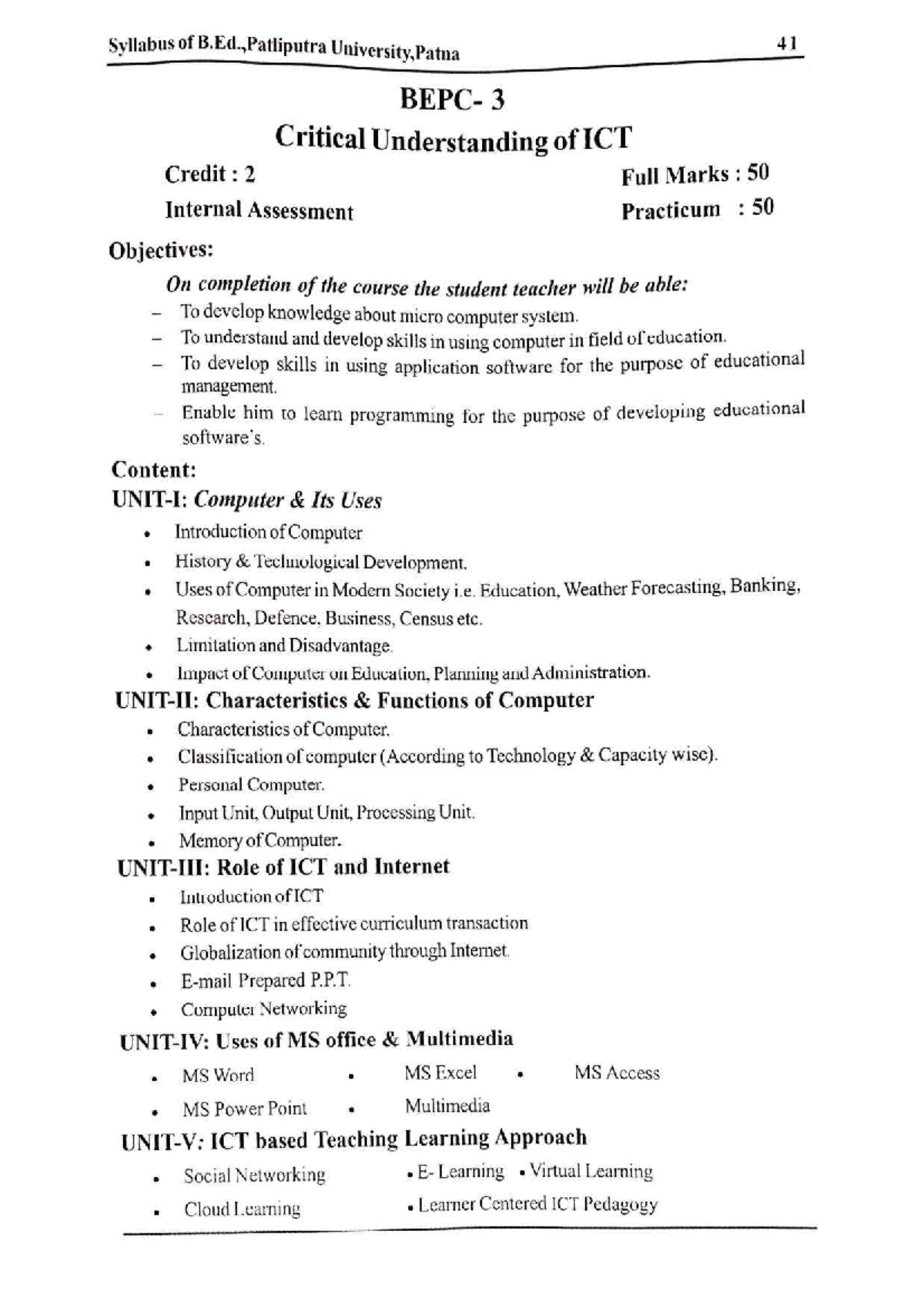 B.Ed. 41 Syllabus: Critical Understanding of ICT (3 Credits) - Studocu