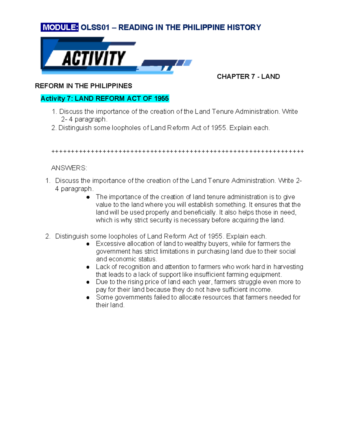 OLSS01 - CH7: Activity 7 - Analysis of Land Reform Act of 1955 - Studocu