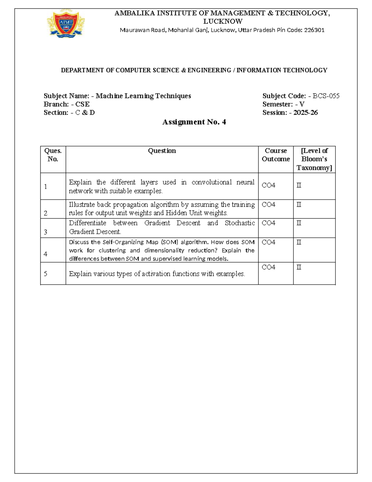 Assignment 4: Machine Learning Techniques (CSE V) - Studocu