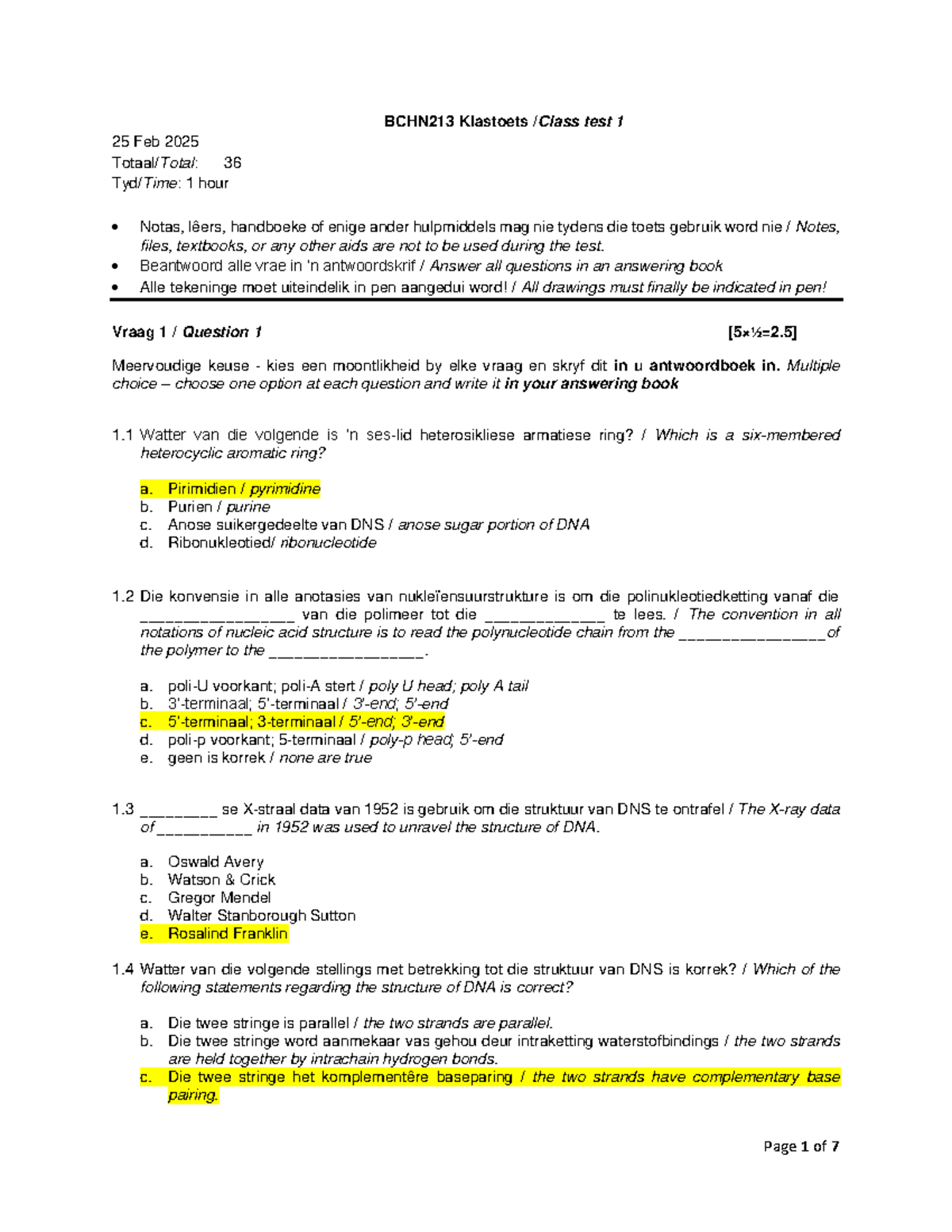 BCHN213 Test 1 Study Notes & Guidelines - 25 Feb 2025 - Studocu