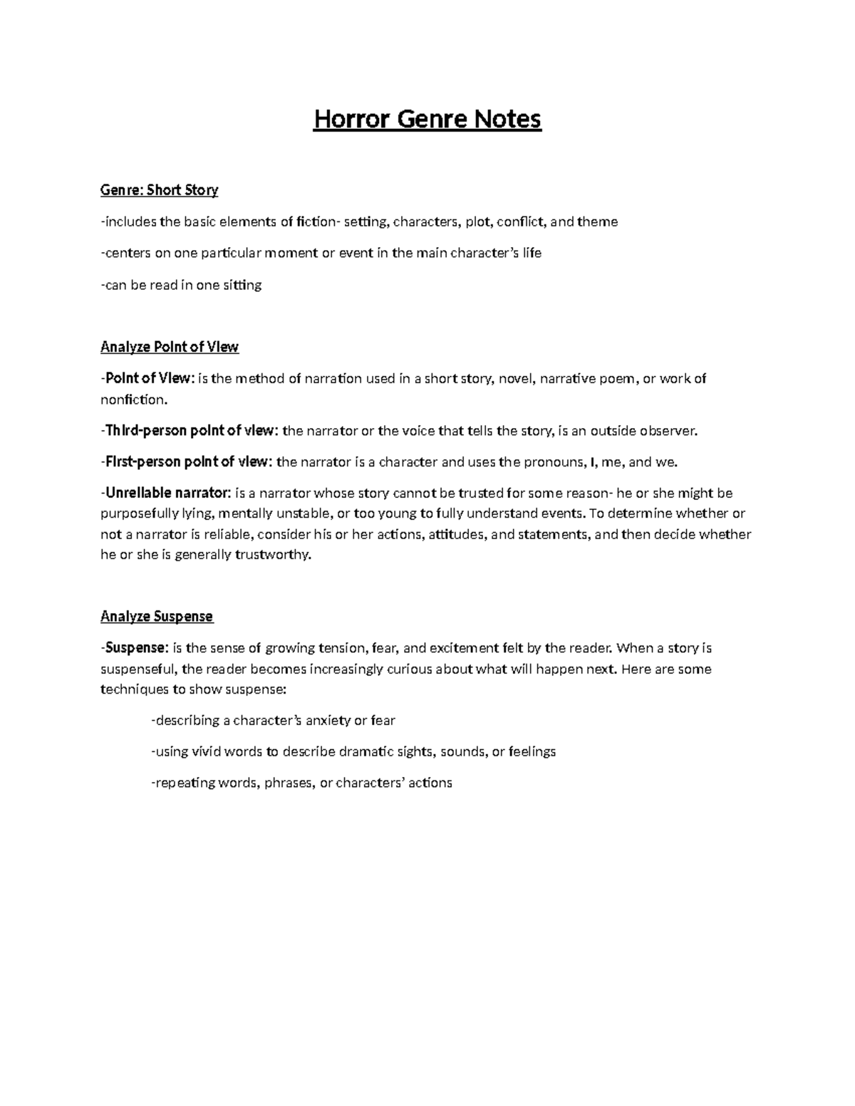 Horror Genre Notes - Idk - Horror Genre Notes Genre: Short Story ...