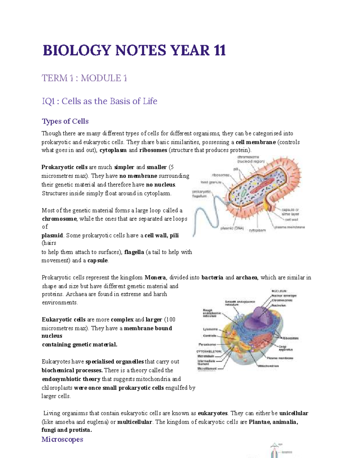 BIOLOGY NOTES YEAR 11 TERM 1: MODULE 1 IQ1 - Cells and Microscopy - Studocu