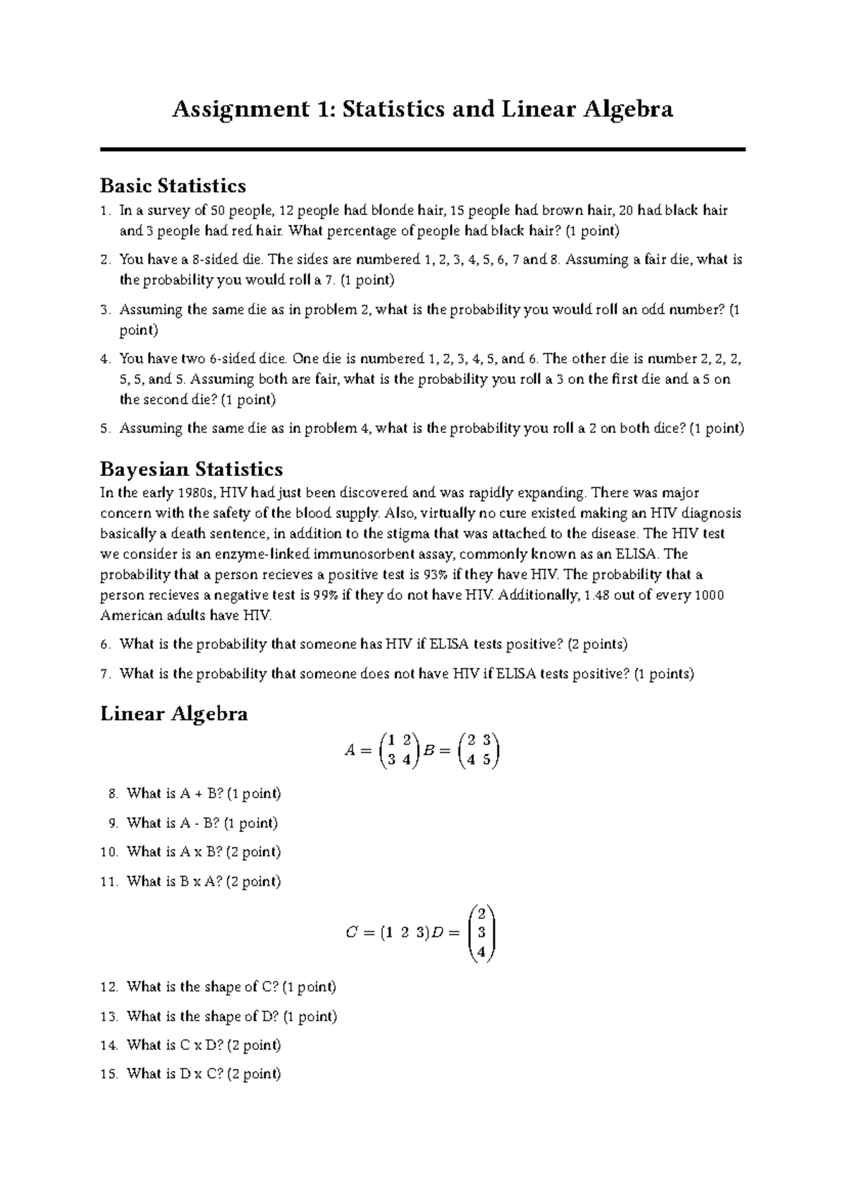 Assignment 1: Basic Stats & Linear Algebra - UMBC Lecture Notes - Studocu
