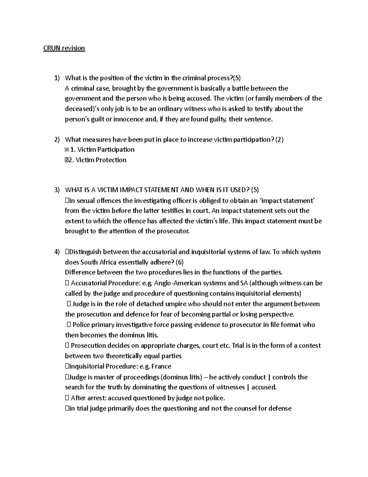 CRUN Revision: Victim's Role & Legal Procedures in Criminal Cases - Studocu
