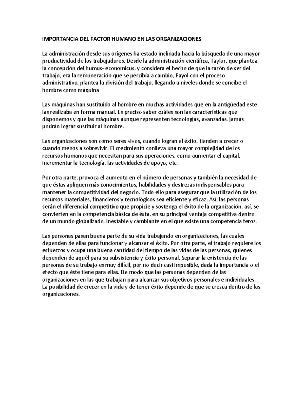 Ensayo sobre la Importancia del Factor Humano en las Organizaciones - Studocu