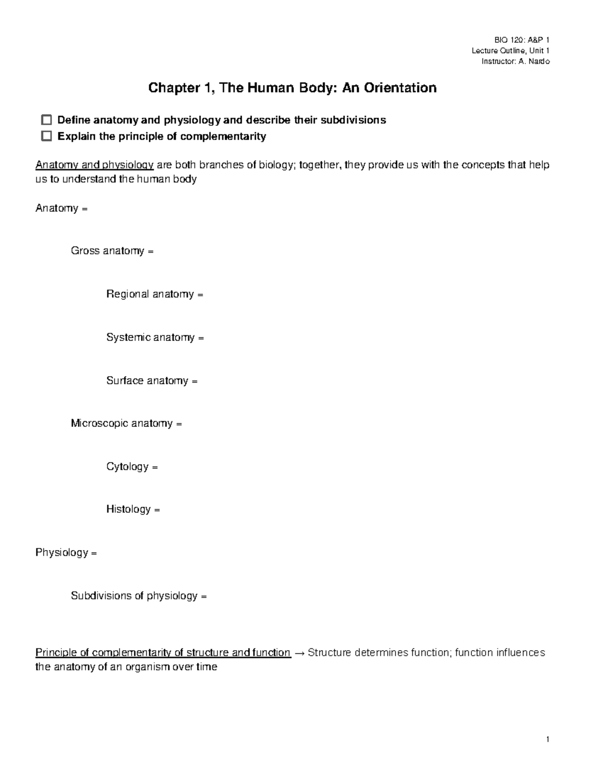 BIO 120, Unit 1, Chapter 1: The Human Body Lecture Notes - Studocu