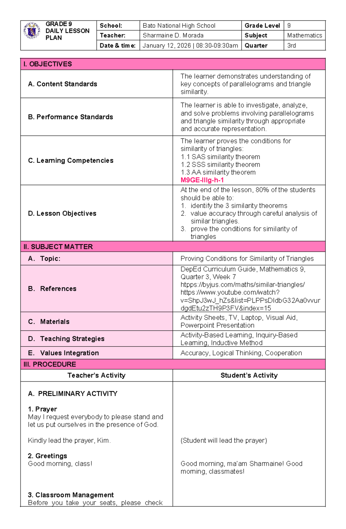 GRADE 9 MATH DETAILED LESSON PLAN: TRIANGLE SIMILARITY - Studocu