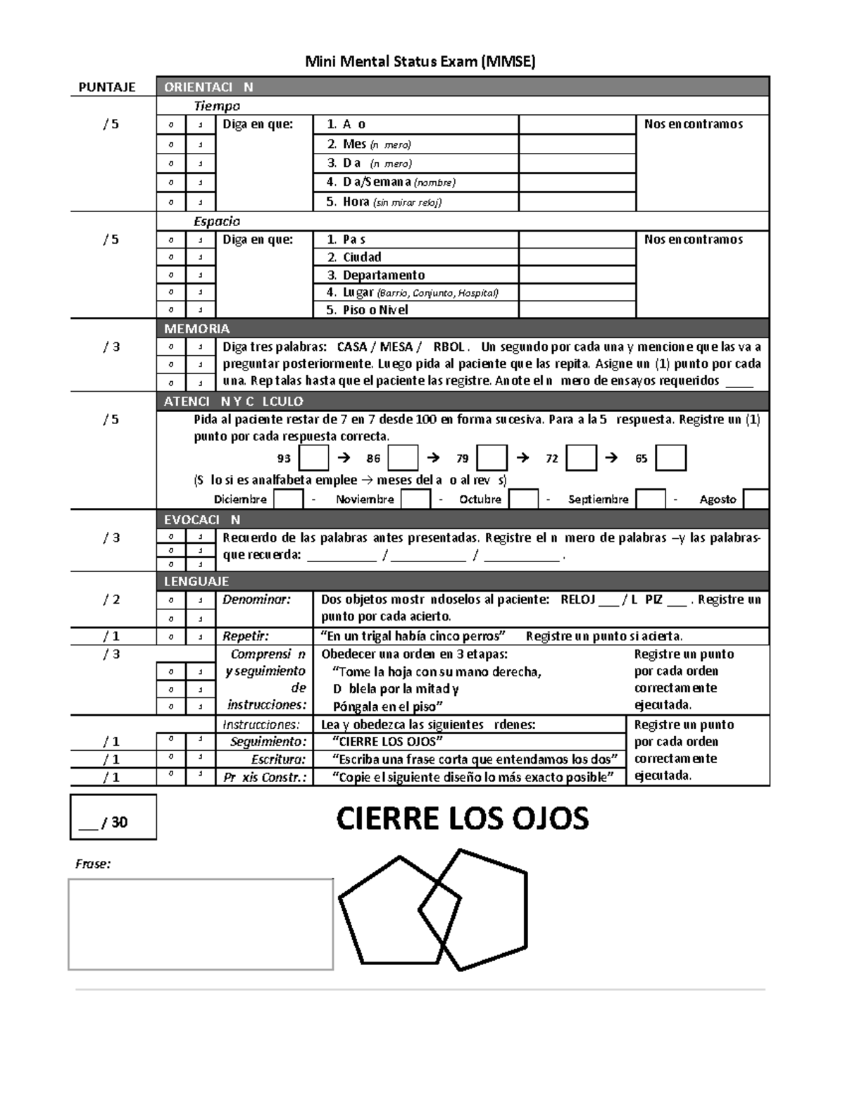 Test Mini Mental Status Exam (MMSE) - Evaluación Cognitiva - Studocu