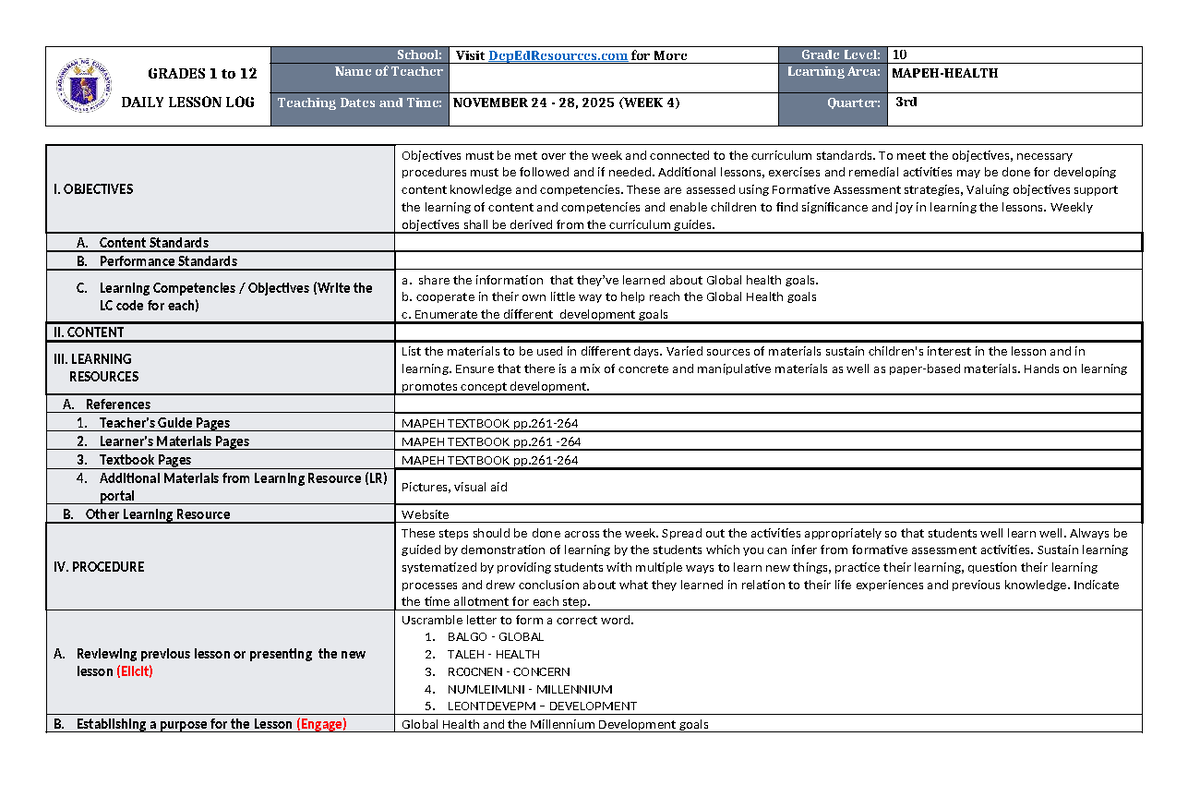 Daily Lesson Log: MAPEH Health 10 Q3 Week 4 (Nov 24-28, 2025) - Studocu