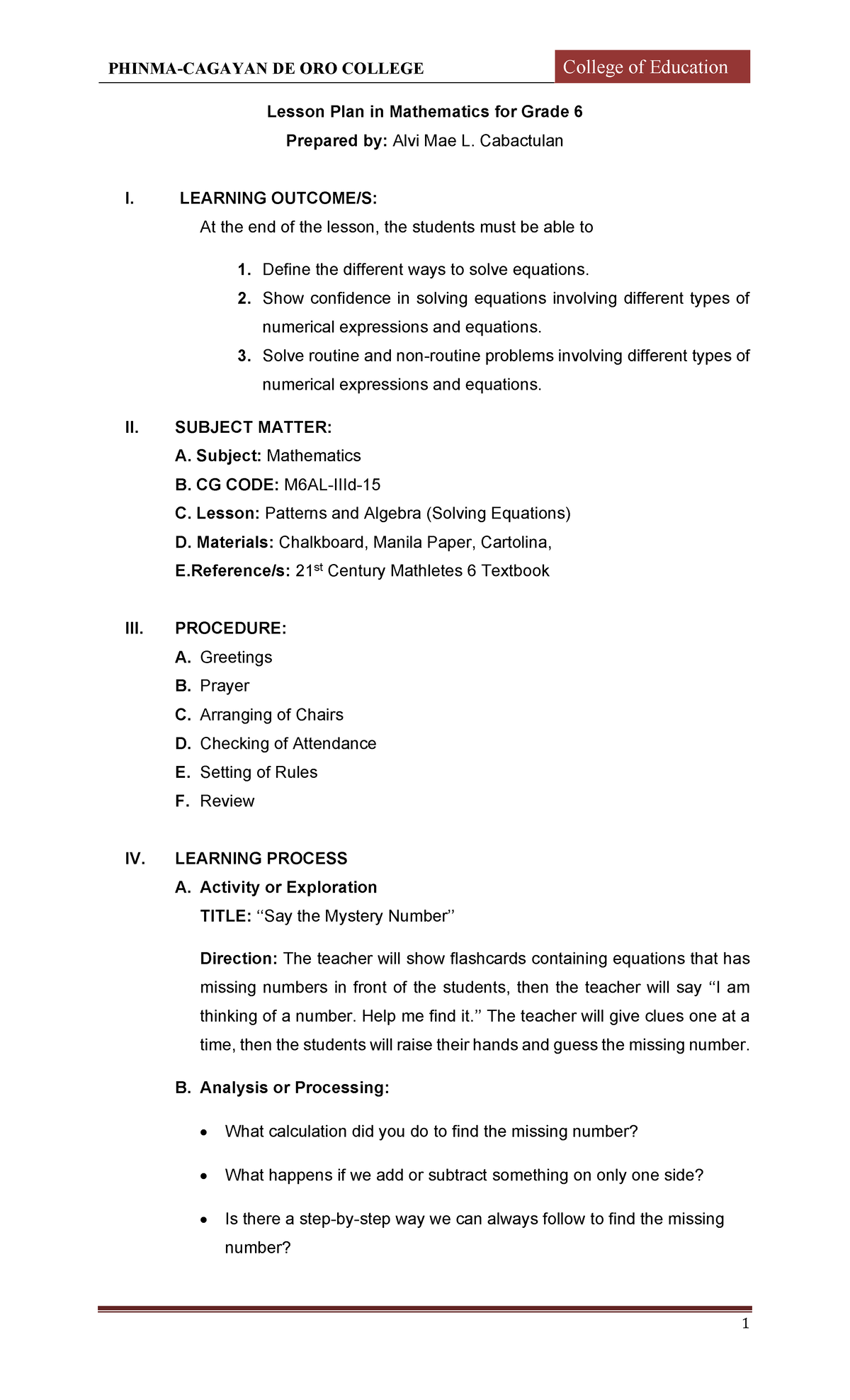 Lesson Plan in Mathematics 6: Solving Equations - Studocu
