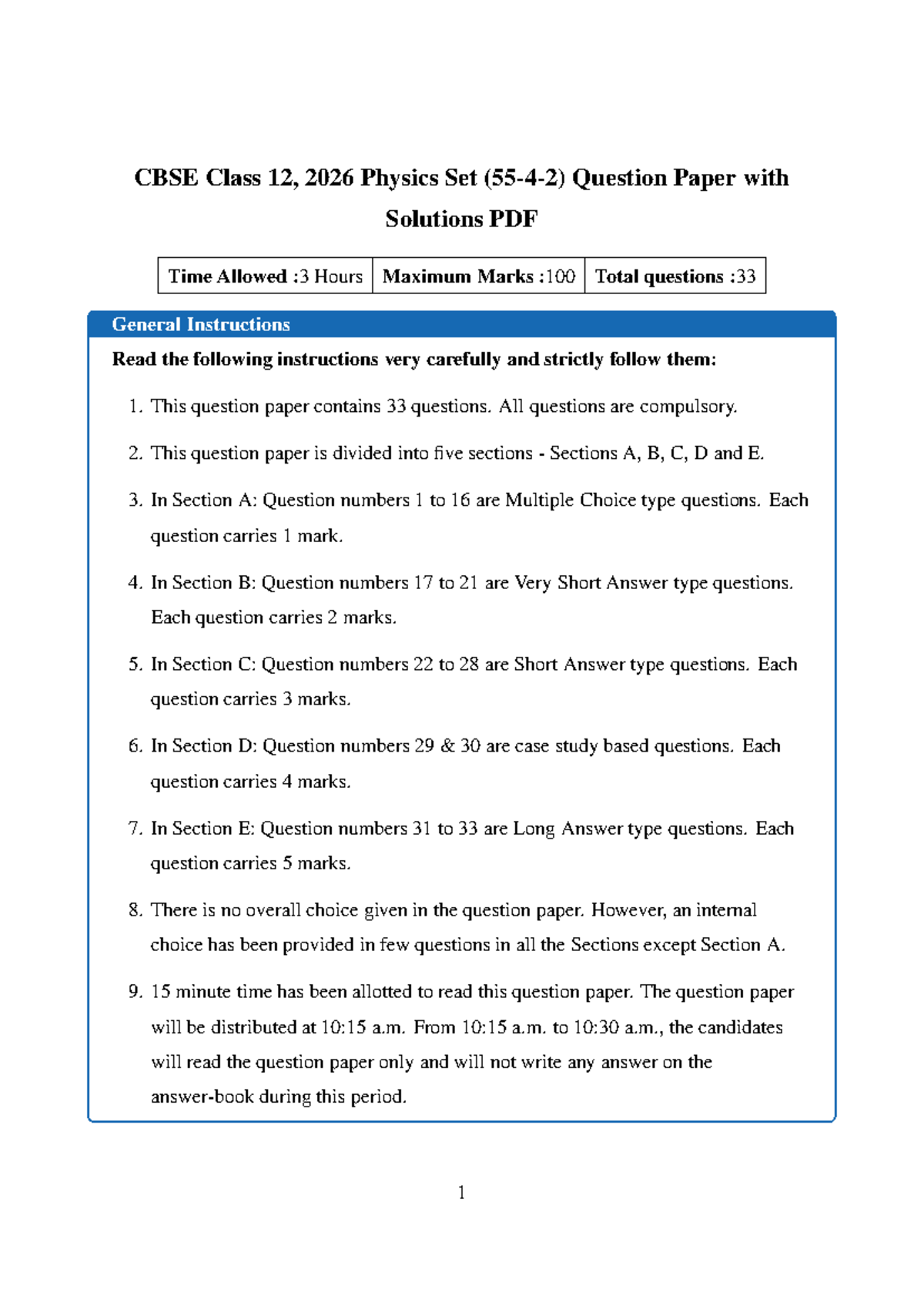 CBSE Class 12 Physics 2026 Set 55 Question Paper with Solutions - Studocu