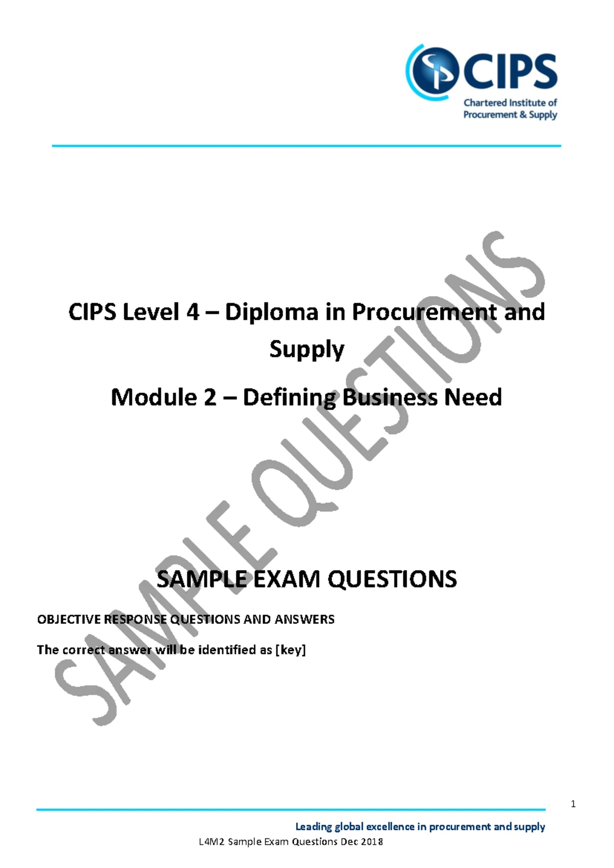 Sample Questions L3 Module 2 - L3M2 Sample Questions April 2020 CIPS Level 3 – Advanced ...