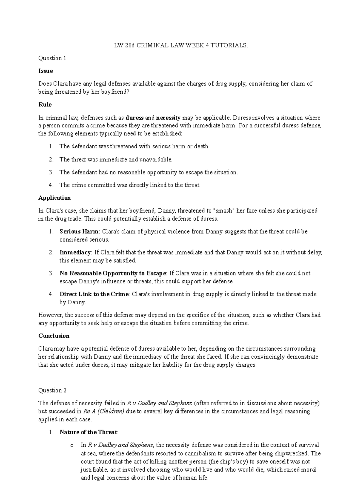 LW 206 Criminal Law Week 4 Tutorial: Defenses of Duress and Necessity ...