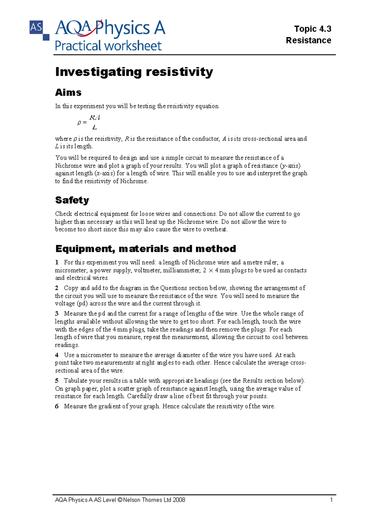 AQA Physics A AS Level: Investigating Resistivity of Nichrome Wire ...