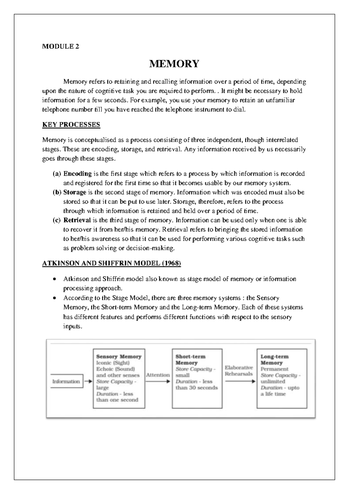 Memory 2ND SEM Study Notes: Key Processes and Models Explained - Studocu