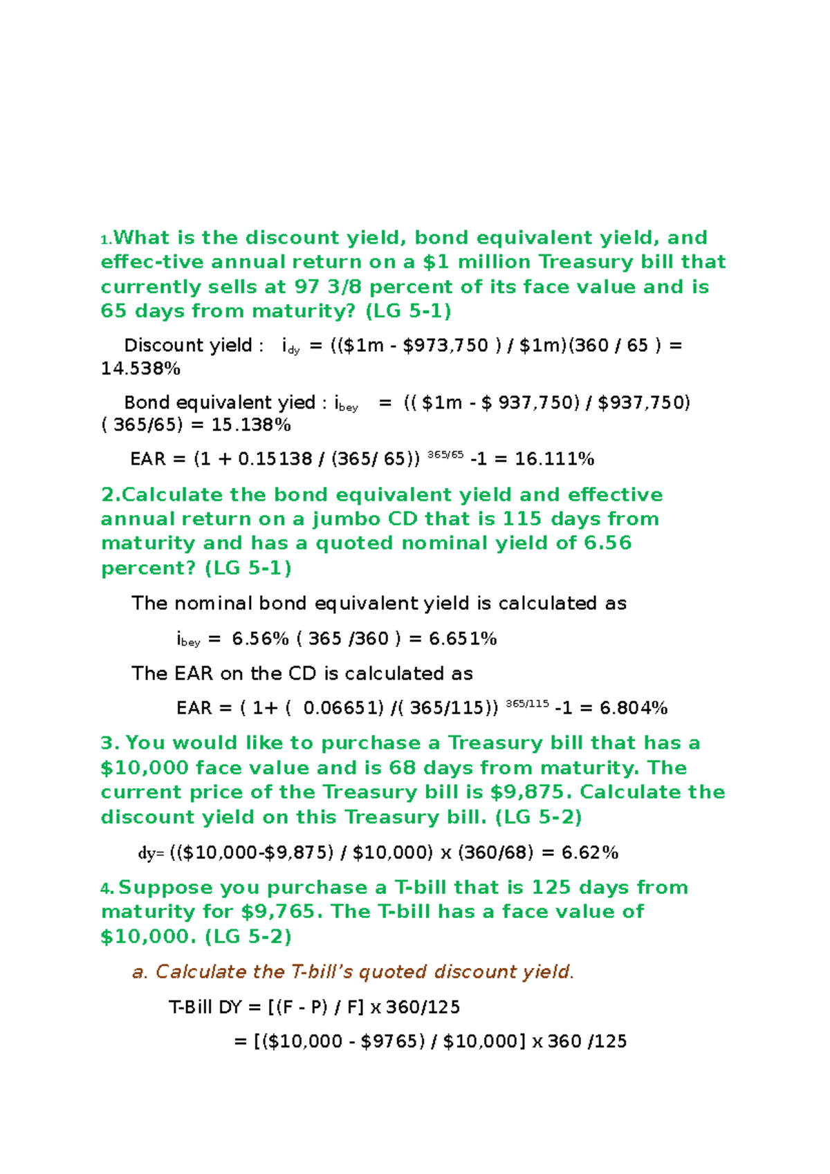 TTTC: T-bill and CD Yield Calculations Notes (LG 5-1 & LG 5-2) - Studocu