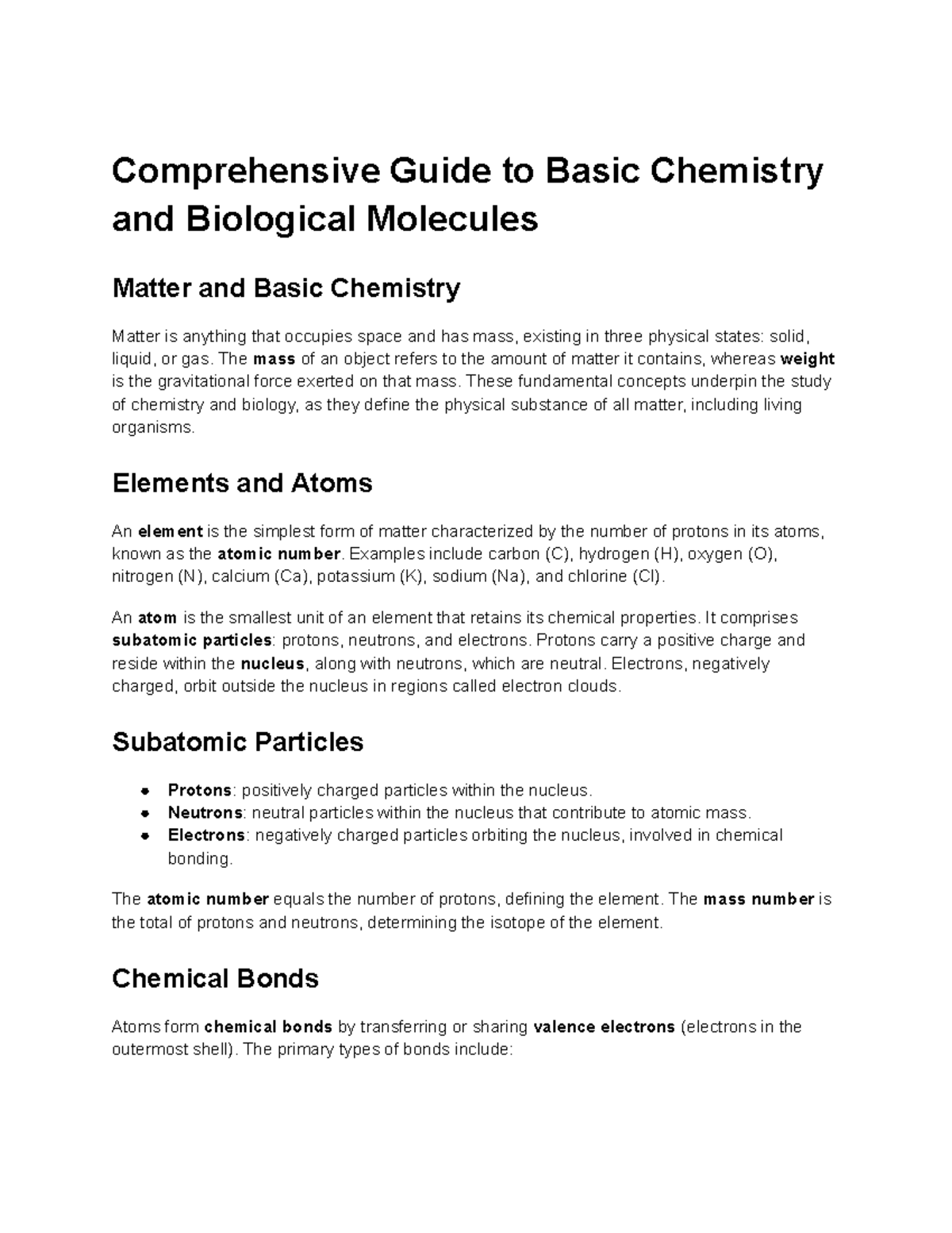 Comprehensive Guide to Basic Chemistry and Biological Molecules ...