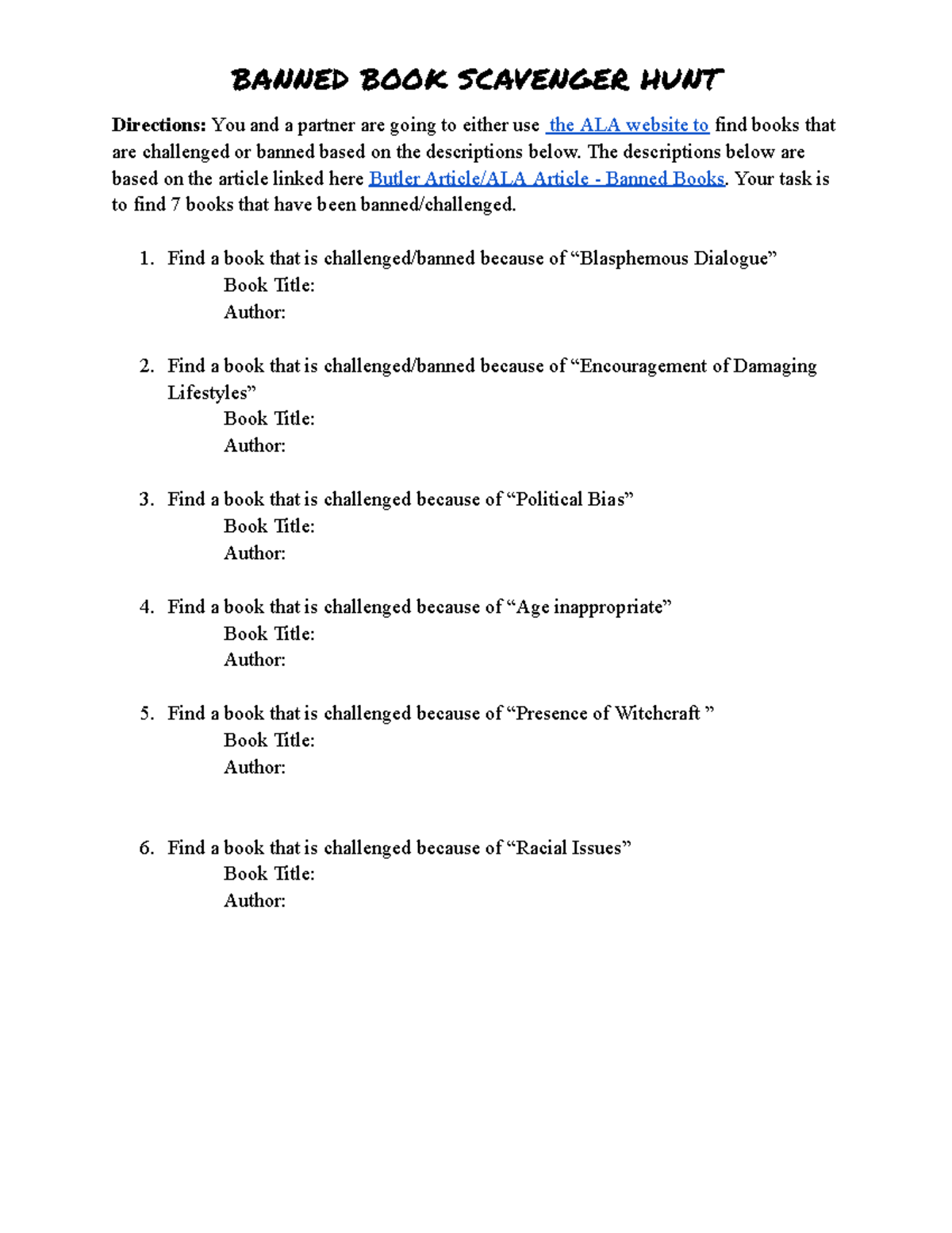 Banned Book Scavenger Hunt Banned Books Week-1 - BANNED BOOK SCAVENGER ...