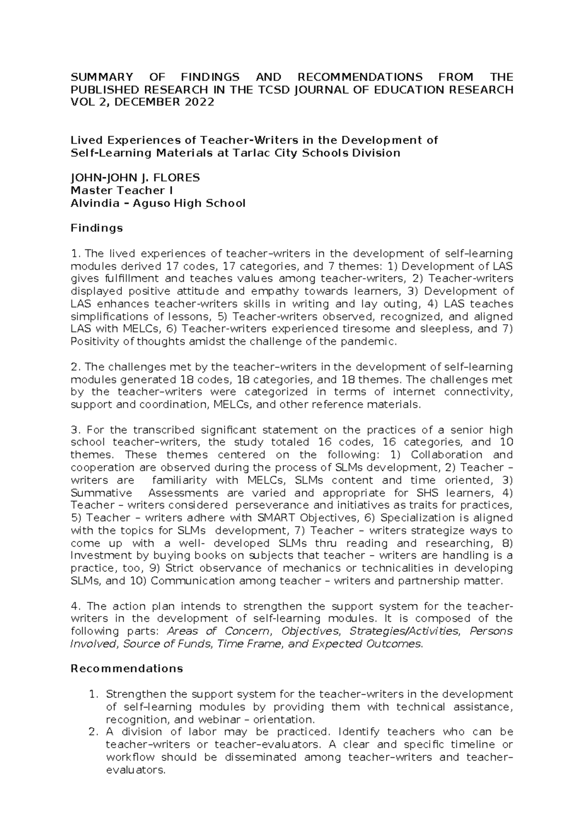 Recommendations from Published Research in TCSD Education Research ...