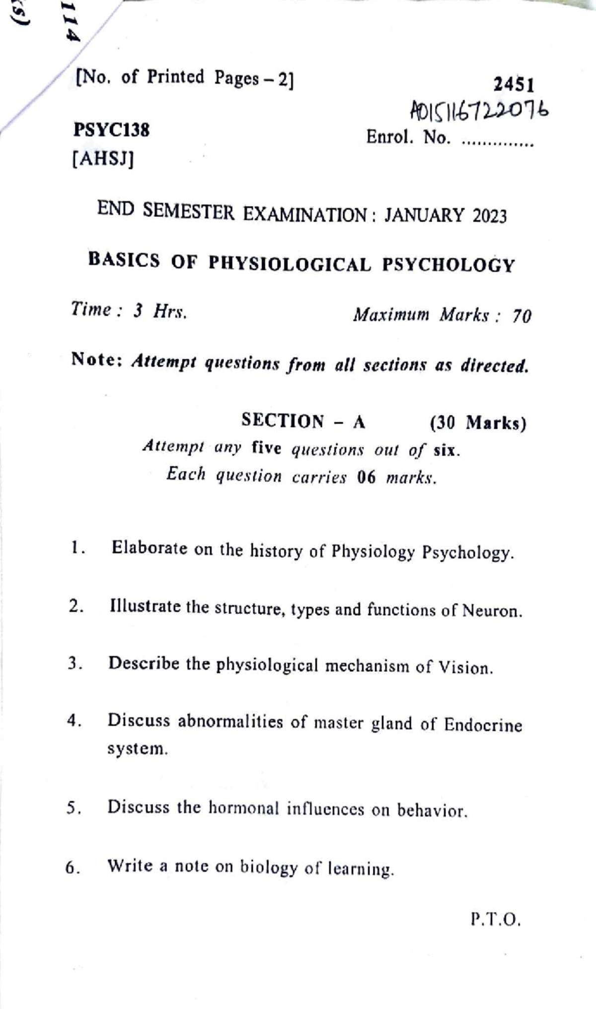 PSYC138 End Sem Exam Jan 2023: Basic Physiological Psychology QP - Studocu
