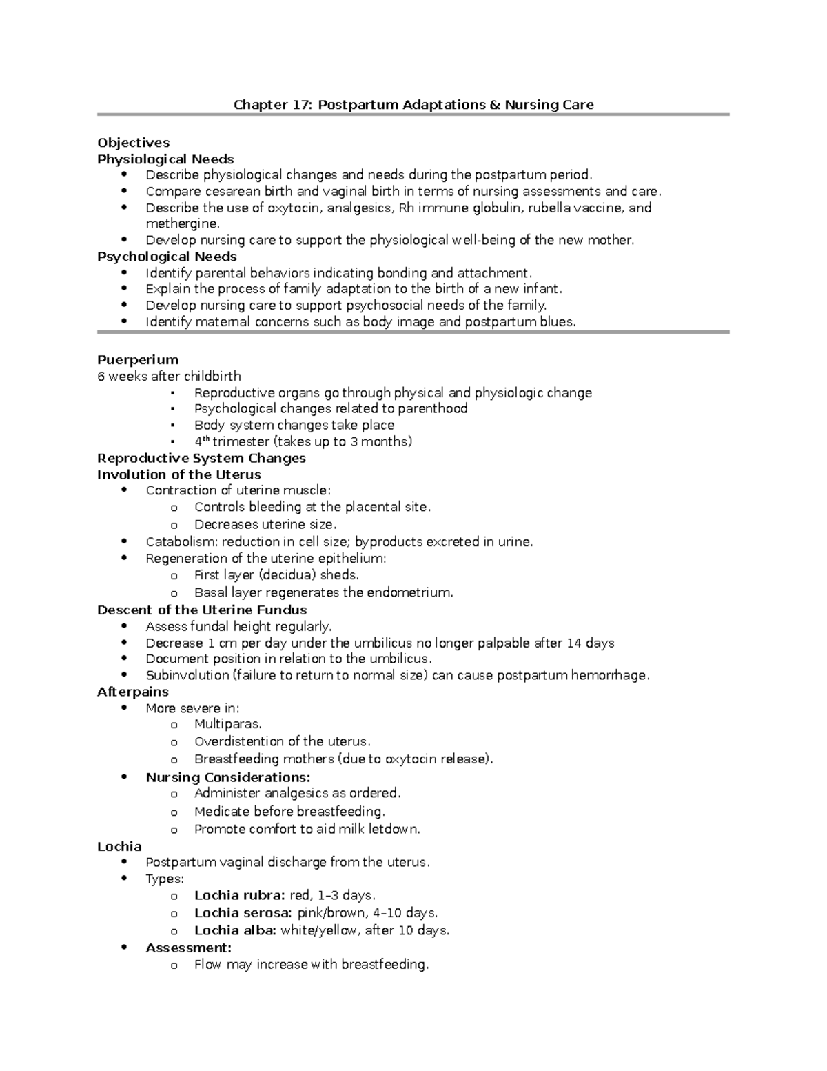Chapter 17: Postpartum Adaptations & Nursing Care Overview - Studocu