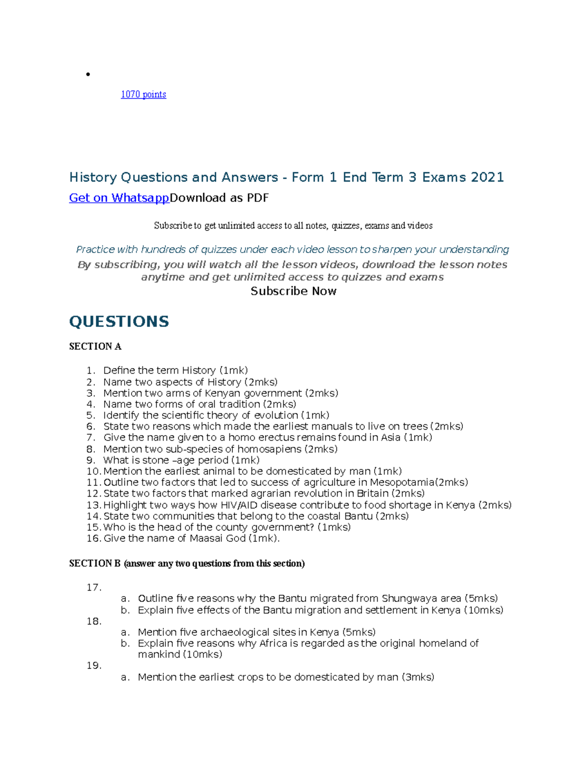 History f1 - Notes - 1070 points History Questions and Answers - Form 1 ...