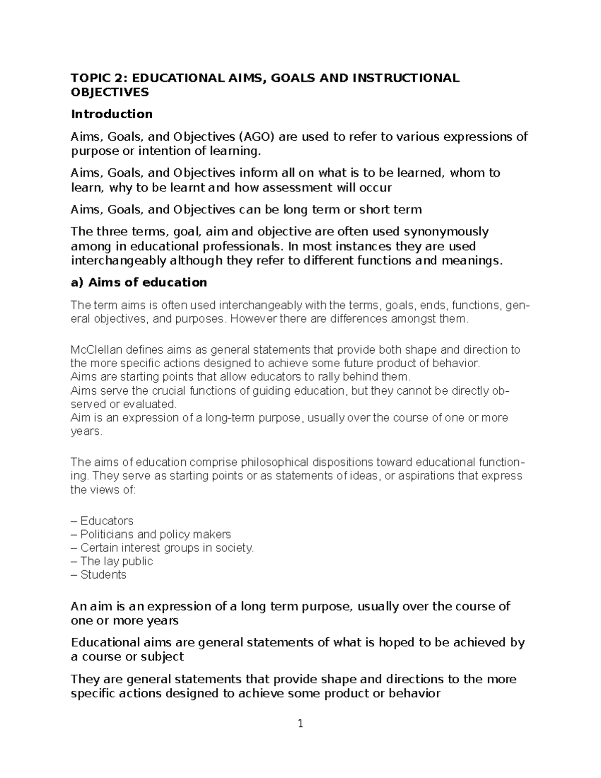Lesson 2: Understanding Educational Aims, Goals, and Objectives - Studocu