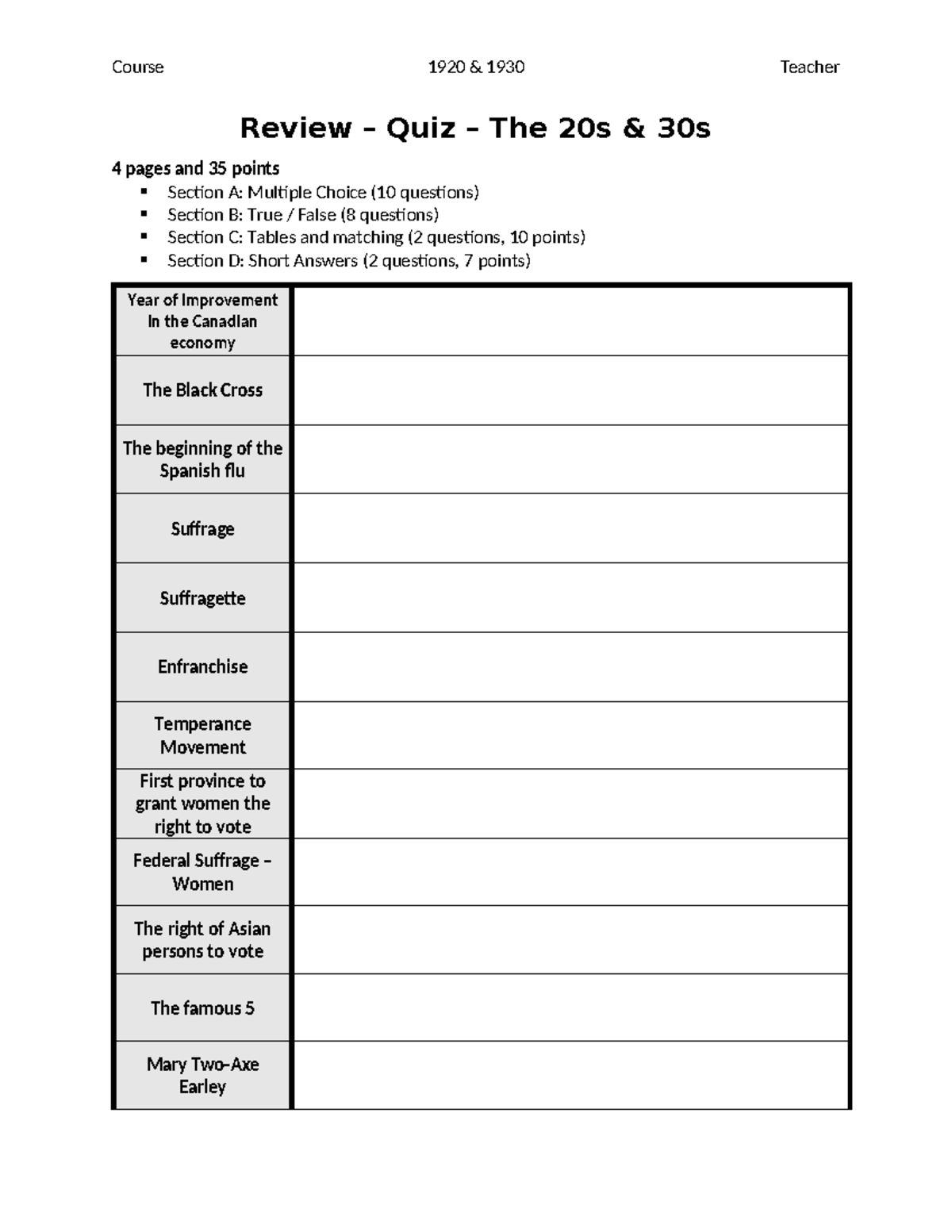 CHC2D 1920-1930 Quiz Review: Canadian History Insights - Studocu