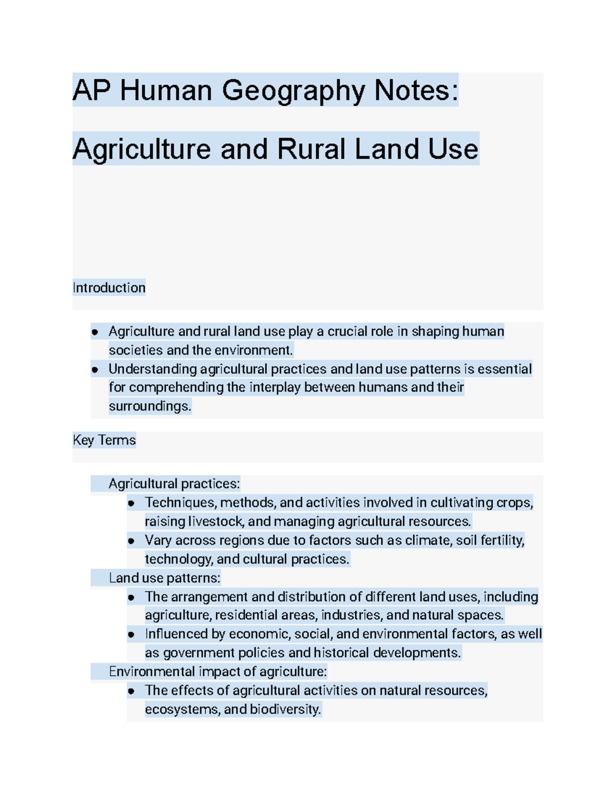 AP Human Geography: Agriculture & Rural Land Use Overview - Studocu