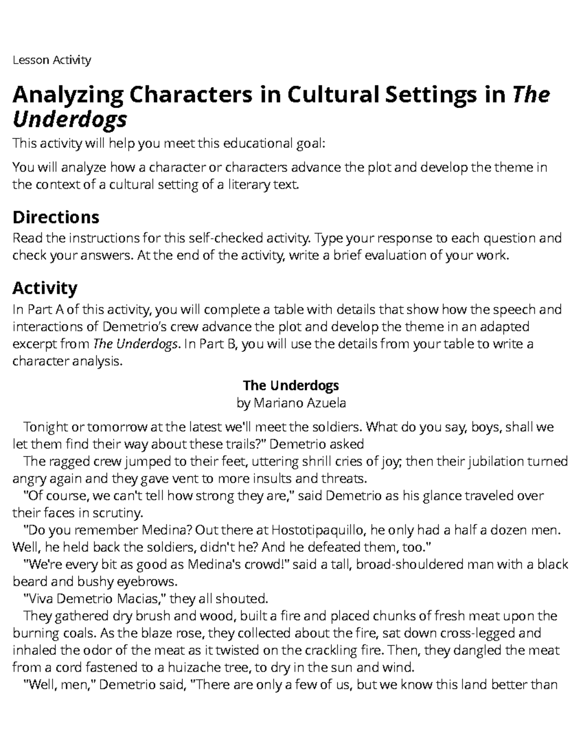 Analyzing Characters in Cultural Contexts: The Underdogs Lesson ...