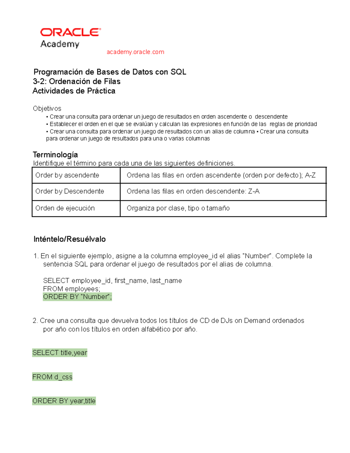 DP 3-2 Práctica: Ordenación de Filas en SQL - Studocu