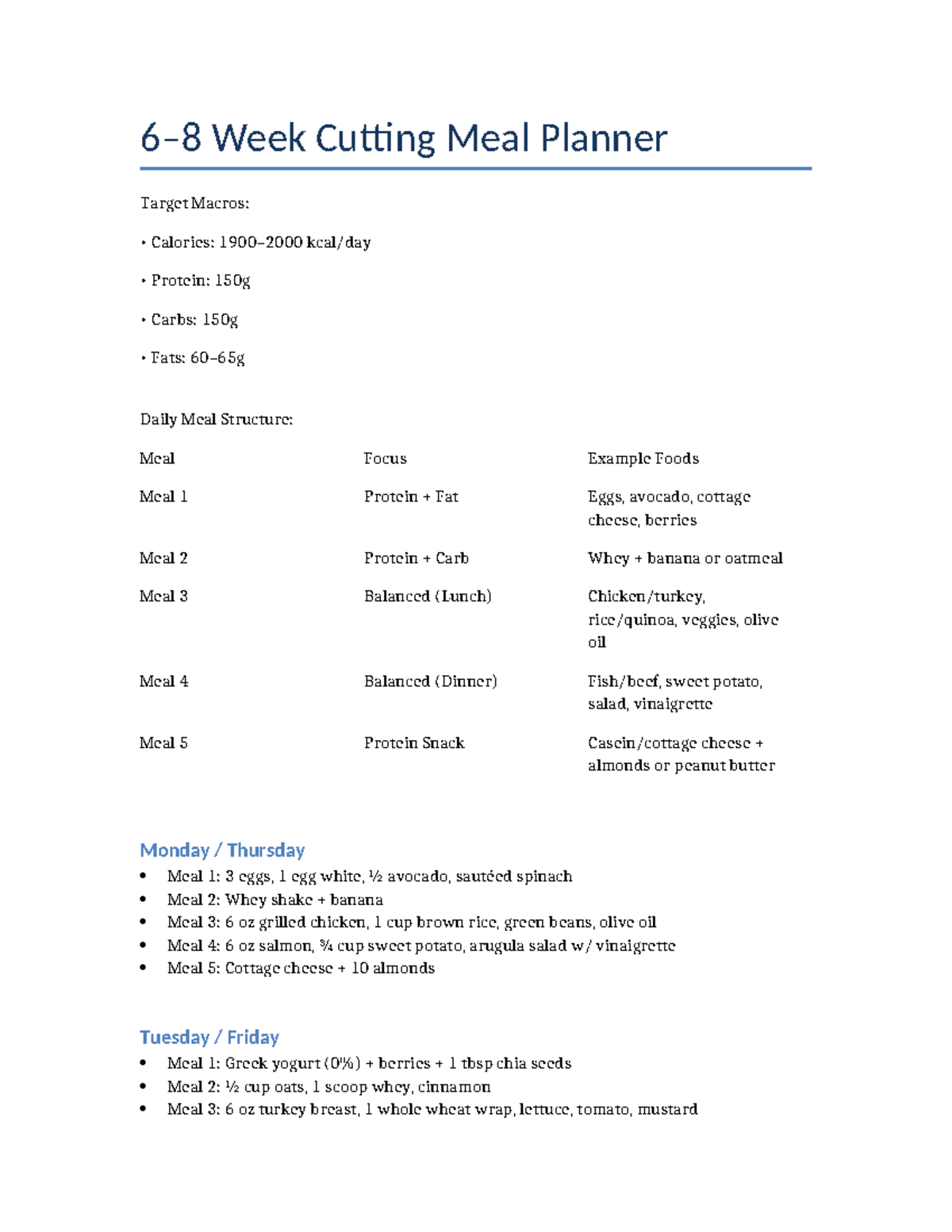 Week Cutting Meal Planner: Target Macros & Daily Structure - Studocu